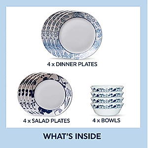 Corelle Everyday Expressions 12-Pc Dinnerware Set, Service for 4, Durable and Eco-Friendly, Higher Rim Glass Plate & Bowl Set, Microwave and Dishwasher Safe, Rutherford