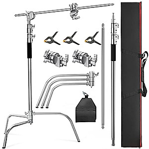 Altson Pro 100% Stainless Steel Heavy Duty C Stand with Boom Arm, Max Height 10.5ft/320cm Photography Light Stand with 4.2ft/128cm Holding Arm, 2 Grip Head for Studio Monolight, Softbox, Reflector