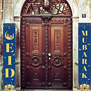 RUIMI Eid Mubarak Porch Sign,Eid Mubarak Decoration Set,Muslim Ramadan EID Mubarak Porch Banner,Islamic Muslim Ramadan Hanging Banners for Front Door Sign Decoration (Blue)