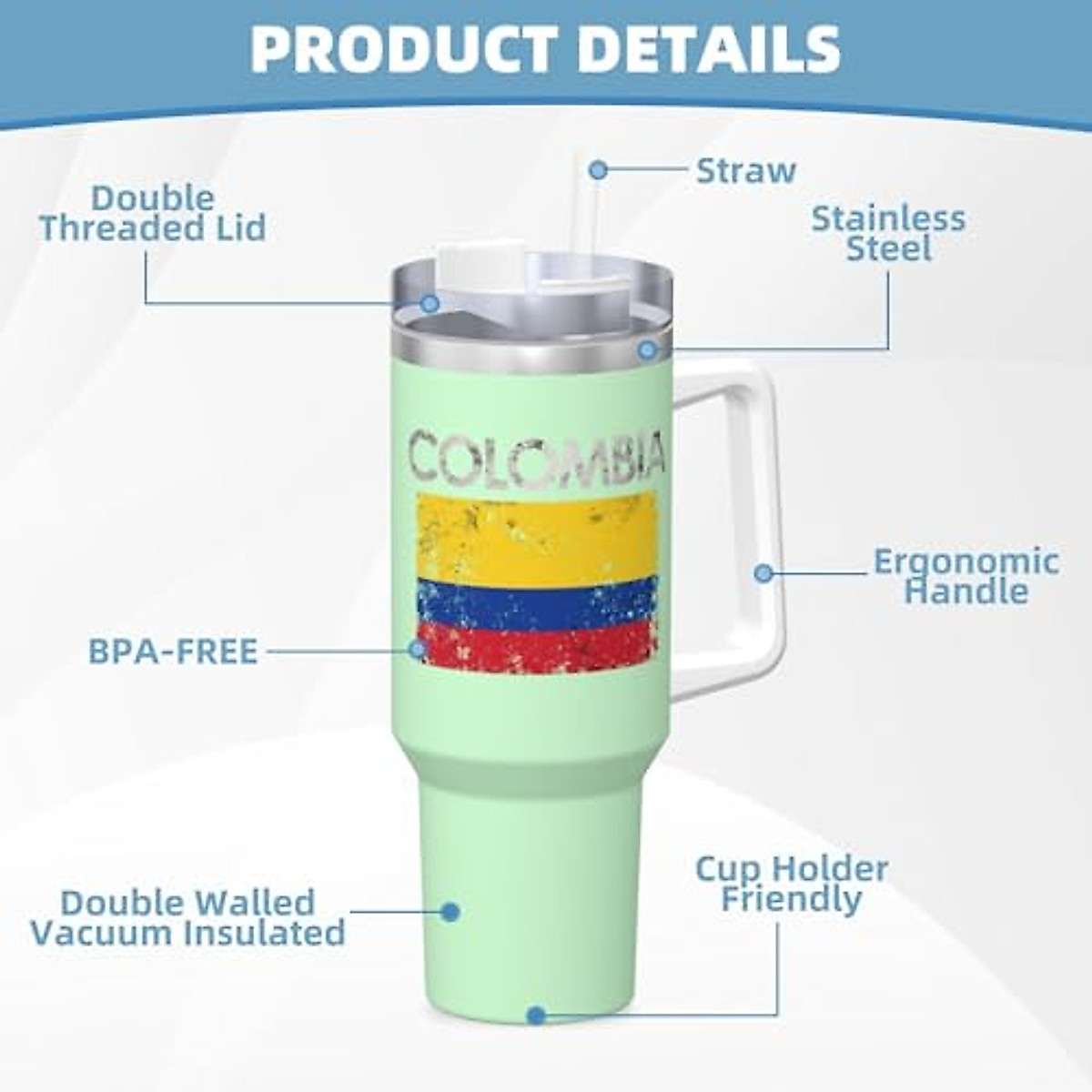 YVNUM 40 oz Tumblers with White Handle,Vintage Colombia Colombian Flag Pride Stainless Steel Thermos Travel Coffee Mug for Water, Iced Tea or Coffee,with Lid Straw Leakproof