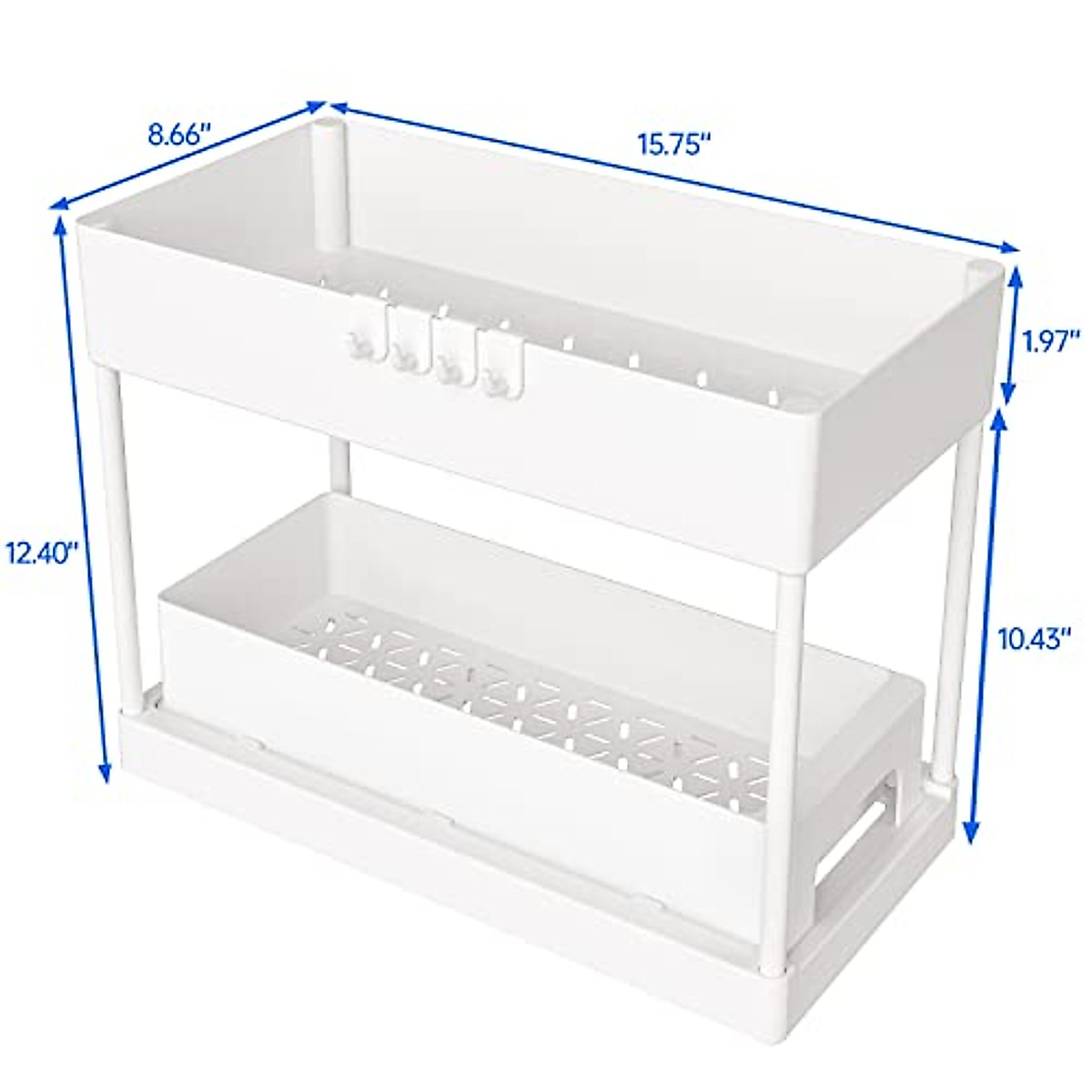 Teliaskin Under Sink Organizers and Storage,2 Tier Under Bathroom Storage Rack with 4 Hooks,Multi-Purpose Storage Shelf for Bathroom Kitchen(White)