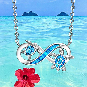 Turtle Necklace for Women Sterling Silver Tortoise 2 Infinity Blue Opal Sea Turtle Pendant Mother and Daughter Necklaces Ocean Inspirational I Llike Turtles Jewelry Birthday Gifts