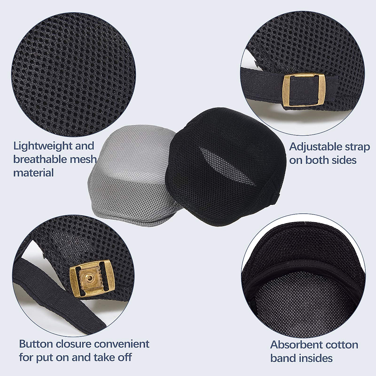 3 Pieces Newsboy Cap Mesh Breathable Summer Adjustable Cabbie Flat Beret (Light Gray, Navy Blue, Black)