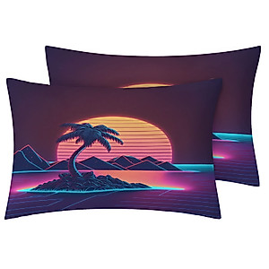 zcwl Vaporwave Duvet Cover Twin Size | Neon Sunset Palm Tree Bedding Set | 2 Piece | Soft Microfiber Patterned Comforter Cover with Zipper Ties & 1 Pillowcase | Vaporwave Bedroom & Room Decor