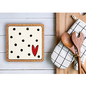 Demdaco Dots and Heart Glossy White 7.5 inch Stoneware Cork Base Trivet