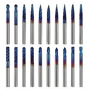Genmitsu 20pcs Carbide Burrs Set Nano Blue Coating Rotary Files 0.118”(3mm) Shank Fits Most Rotary Drill Die Grinder for Woodworking, Engraving, Drilling, Carving, RR20A