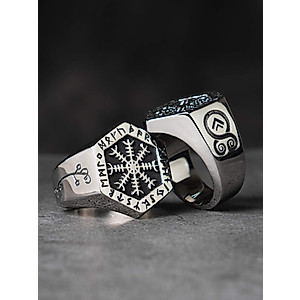 Titanium Stainless Steel Aegishjalmur The Helm of Awe Ring Norse Viking Elder Futhark Rune Ring Jewelry for Men Women Size 10 Silver Tone