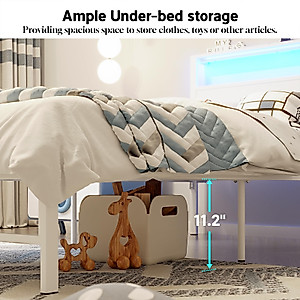 Weehom Twin Bed Frames with Headboard Shelf Storage, Wood Twin Bed Frame with Charging Station and LED Lights, No Box Spring Needed Twin Size Metal Bed Frame for Kids Students, White