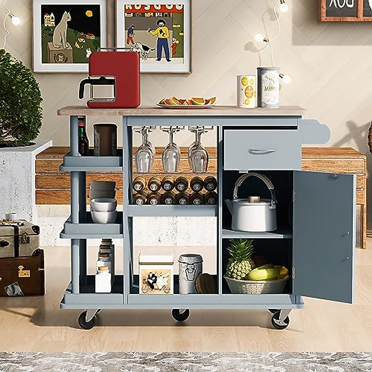 Plebs Home Multipurpose Kitchen Cart Cabinet, with Side Storage Shelves, Rubber Wood Top, Adjustable Storage Shelves, 5 Wheels, Kitchen Storage Island with Wine Rack, for Dining Room, Home - Gray Blue