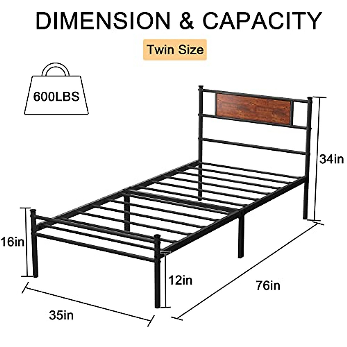 FSTAR 12 inch Metal Bed Frame with Headboard and Footboard, Mattress Foundation with Steel Slat Support, Heavy Duty, No Box Spring Needed, Easy Assembly, Noise Free (Black, Twin)