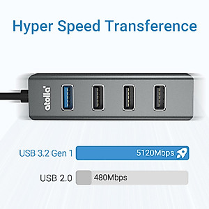 USB 3.0 Hub, atolla Aluminum 4-in-1 USB Splitter with 1 USB 3.0 Port and 3 USB 2.0 Ports for Windows 10, 8, 7, Vista, XP, Mac OS X, Linux and More