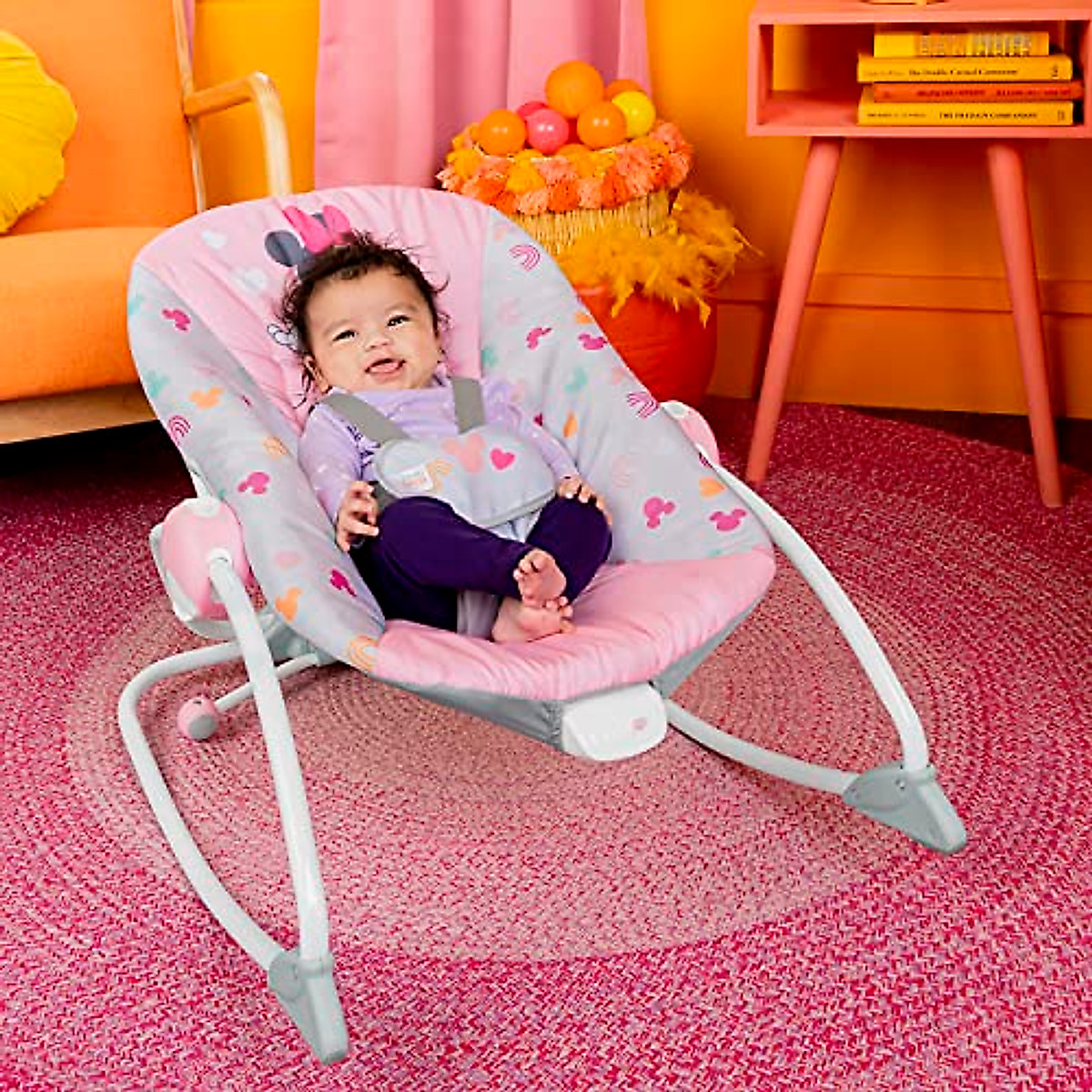 Bright Starts Disney Baby Minnie Mouse Infant to Toddler Rocker with Vibrations and Removable-Toy Bar - Forever Besties, Newborn +