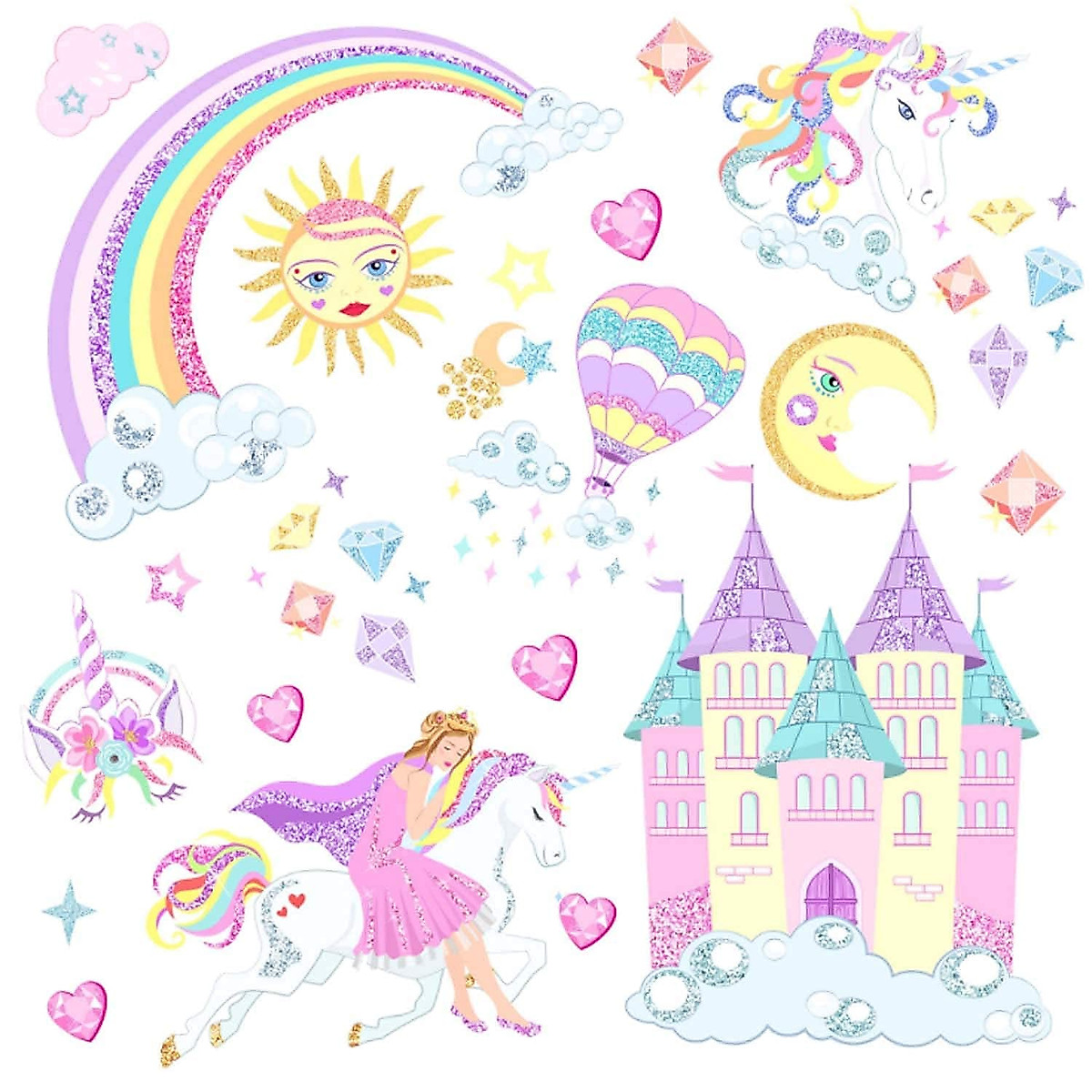 Castle Unicorn Wall Decals Princess Reflective with Heart Rainbow Vinyl Wall Stickers Gifts for Baby Girls Bedroom Party Decoration (3PCS)