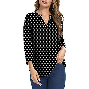 NILOUFO Womens Casual Summer Shirts Notch V Neck Blouses 3/4 Roll Sleeve Tops Tunics(Polka Dot Black, Large)