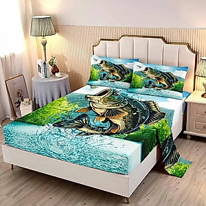 LUVIVIHOME 4PCS Fishing Sheets Set, King Bed Sheets, Forest Animal Hunting Lodge Country Rustic Farmhouse Bass Fish Bedding, Fishing Gifts for Men Boys, 1 Fitted Sheet & 1 Flat Sheet & 2 Pillowcases