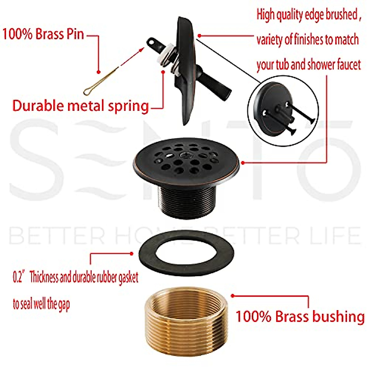 SENTO Bronze Trip Lever BathTub Drain Assembly Stopper Kit, Fit both 1-1/2 Inch or 1-5/8 Inch Strainer and Stopper, Heavy Duty Metal with Matching Screws, Easy Installation, Oil-Rubbed Bronze