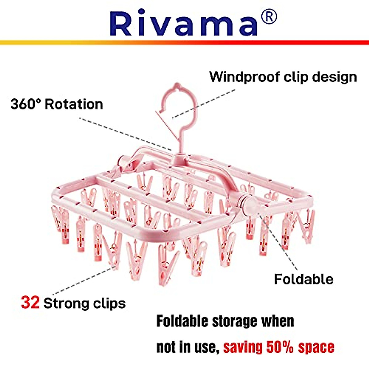 Rivama Foldable Clip Hangers with 32 Clips,Clothes Drying Rack with Clips,Folding Laundry Clip and Drip Drying Hanger for Socks,Underwear,Bras,Lingerie,Towels,Diapers,Baby Clothes,Scarf (Light Pink)