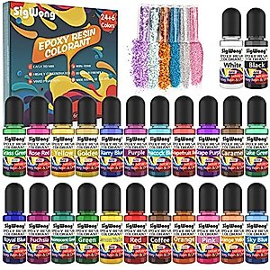 Epoxy Resin Pigment - 24 Colors Liquid Translucent Epoxy Resin Colorant, Highly Concentrated Epoxy Resin Dye for DIY Jewelry Making, Paint, Craft - 6ml Each, with 6 Colors Resin Glitter