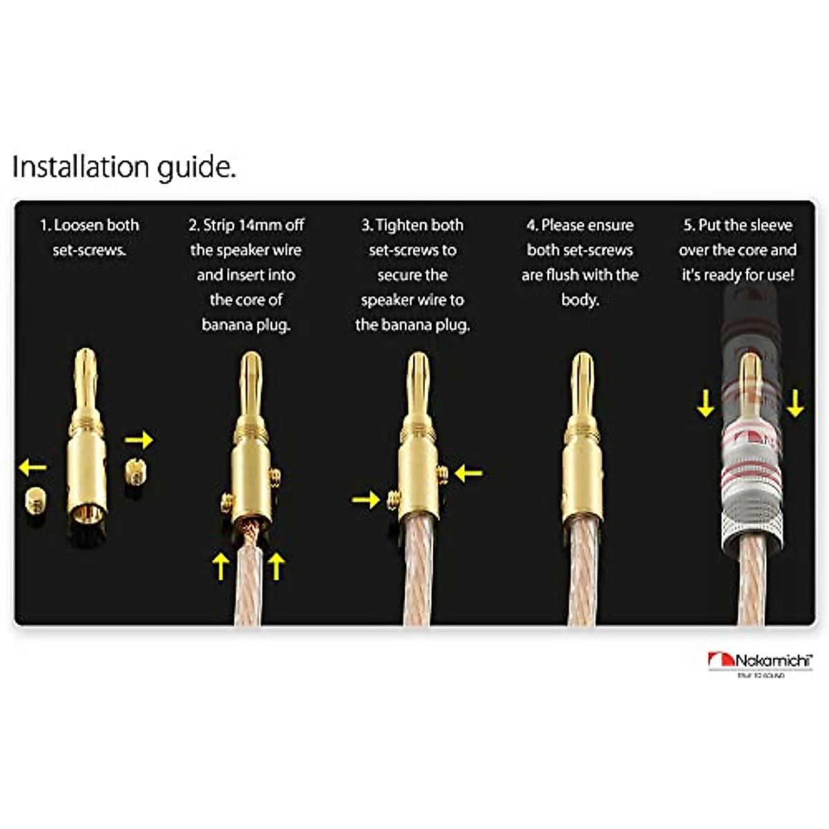 Nakamichi Excel Series 24k Gold Plated Banana Plug 12 AWG - 18 AWG Gauge Size 4mm for Speakers Amplifier Hi-Fi AV Receiver Stereo Home Theatre Radio Audio Wire Cable Screw Connector 4 Pcs (2-Pairs)