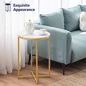 TECHMILLY Round End Table, Faux Marble Sofa Table, Accent Side Table with Metal Frame, Modern Gold Nightstand, Tall Coffee Table for Living Room, Bedroom-2 Packs
