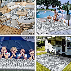 famibay 5x8 Outdoor Rug Waterproof Plastic Straw Rug Patio Rugs Outdoor Waterproof Reversible Patio Mat Lightweight Portable Aztec Outdoor Area Rug for Patio Deck Balcony Camping(Grey)