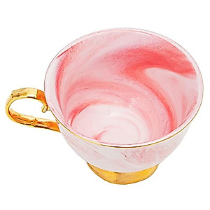 3-Piece Pink Marble Tea Cup and Saucer Gift Set for 1, 7 oz Teacup with Gold Spoon