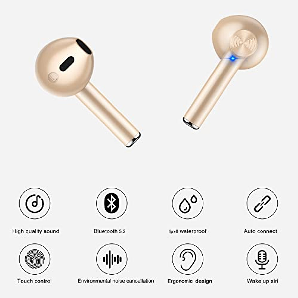 Wireless Earbuds, Bluetooth 5.2 ENC Noise Cancelling Deep Bass in-Ear Stereo Earphones, IPX6 Waterproof Headphones with Mic, USB-C Charging Case, Touch Control Ear Buds Headset for iPhone Android iOS