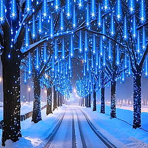 Adecorty Outdoor Christmas Lights Meteor Shower Lights UL Certified 8 Tubes 192 LED Snow Falling Rain Drop Lights Dripping Icicle String Lights for Christmas Tree Decorations Xmas Wedding Party, Blue