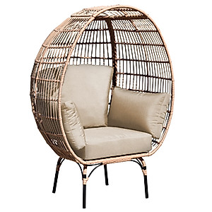 OTSUN Wicker Egg Chair, Oversized Indoor Outdoor Lounger for Patio, Backyard, Living Room with 4 Cushions, Steel Frame, Apricot