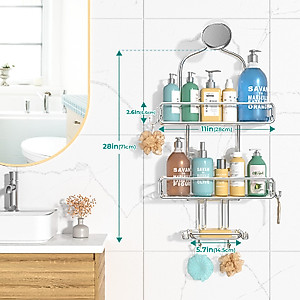 HAMITOR Adjustable Large Shower Organizer with Soap Holder - Rust Proof Bathroom Shelf Shampoo Storage Rack with 3-Tier Baskets - 4 Movable Hooks for Razor Loofah Silver