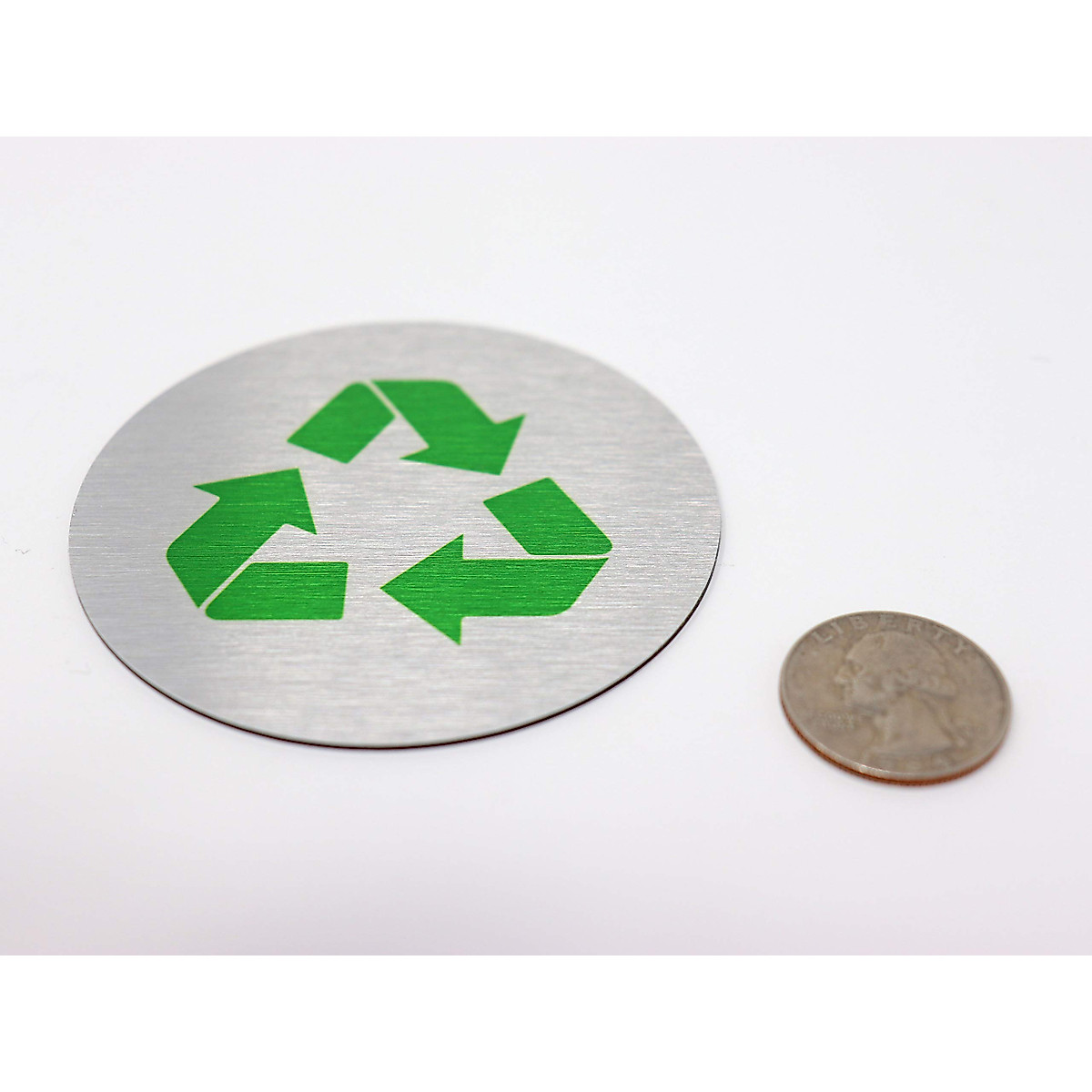 Metal Trash & Recycling Signs | Garbage & Recycling Bin Marker | Set of 2 - 1 Black Trash Sign & 1 Green Recycle Sign | 3" Round, Brushed Silver Aluminum Signs | Made in USA