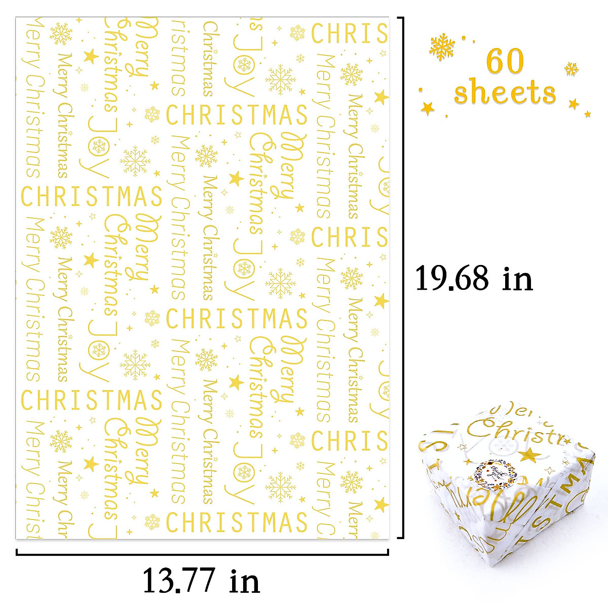 MR FIVE 60 Sheets White with Gold Merry Christmas Tissue Paper Bulk,20" x 14",Gold Christmas Tissue Paper for Gift Bags,Merry Christmas Tissue Paper