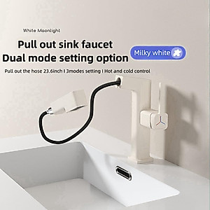 PRANOHD Bathroom Pull Down Sprayer Faucet, Widespread RV Kitchen Bathtub Utility Bar Commercial Vessel Sink Vanity, Brass Copper 1 Hole Single Handle (Temperature Digital Display, Milky White)