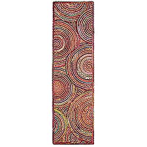 SAFAVIEH Cape Cod Collection Runner Rug - 2'3" x 8', Red & Multi, Handmade Boho Braided Circles Jute & Cotton, Ideal for High Traffic Areas in Living Room, Bedroom (CAP203A)