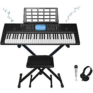 Technical Pro 61 Keys Electric Piano Learning Keyboard Bundle with Seat, Stand and Mic, 3x Learning Mode, Built In Speaker Headphone, LCD Display, LED Lights, Seat/Stand Included, USB, Wired Mic