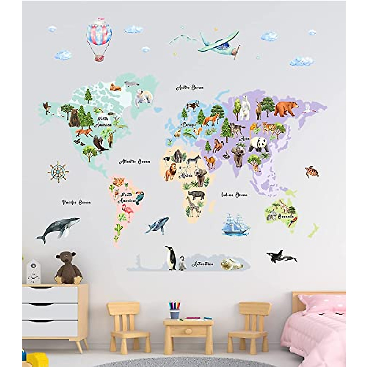 Large Animals World Map Wall Sticker Decals for Kids, Peel and Stick Wild Animals World Map Decor Stickers for Kids Wall Art Map of the World Decals for Nursery Classroom Playroom Kindergarten Educational Wall Decor