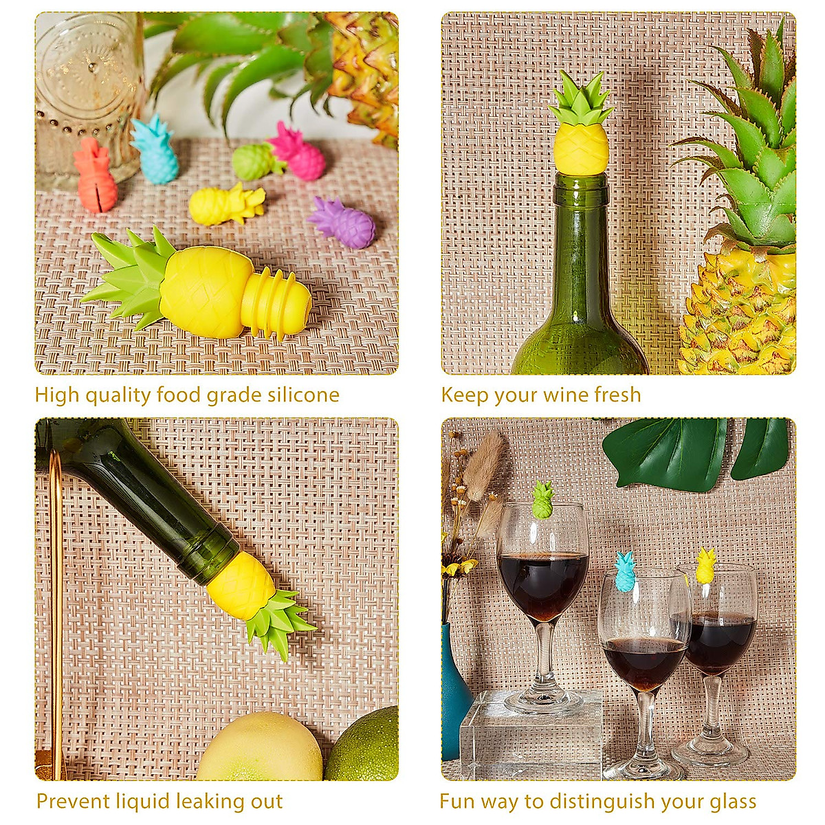 14 Pieces Pineapple Silicone Bottle Stopper Wine Glass Markers, Silicone Charms and Wine Stoppers Reusable Beverage Bottle Stoppers Tropic Wine Glass Charms for Wedding Party Gift