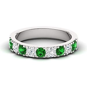 Diamondere Natural and Certified Emerald and Diamond Wedding Ring in 14K White Gold | 0.92 Carat Half Eternity Stackable Band for Women, US Size 7