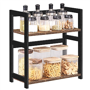 SONGMICS Spice Rack, 2-Tier Counter Shelf, Desktop Storage Organizer, for Countertop, Kitchen, Office, Living Room, Rustic Brown and Black UOFS046B01