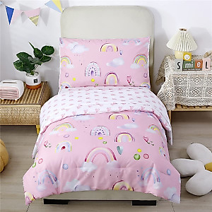 URBONUR 4-Piece Toddler Bedding Set - Ultra Soft Colorful Rainbow Cloud on Pink Girls Toddler Comforter Set - Include Comforter, Flat Sheet, Fitted Sheet and Reversible Pillowcase