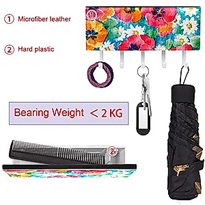 Hand Drawn Retro Colorful Flowers Background Mail Holder Organizer and Key Hooks PU Front, Self Adhesive Key Rack with 5 Hooks Perfect for Entryway, Hallway，Bathroom ，Kitchen