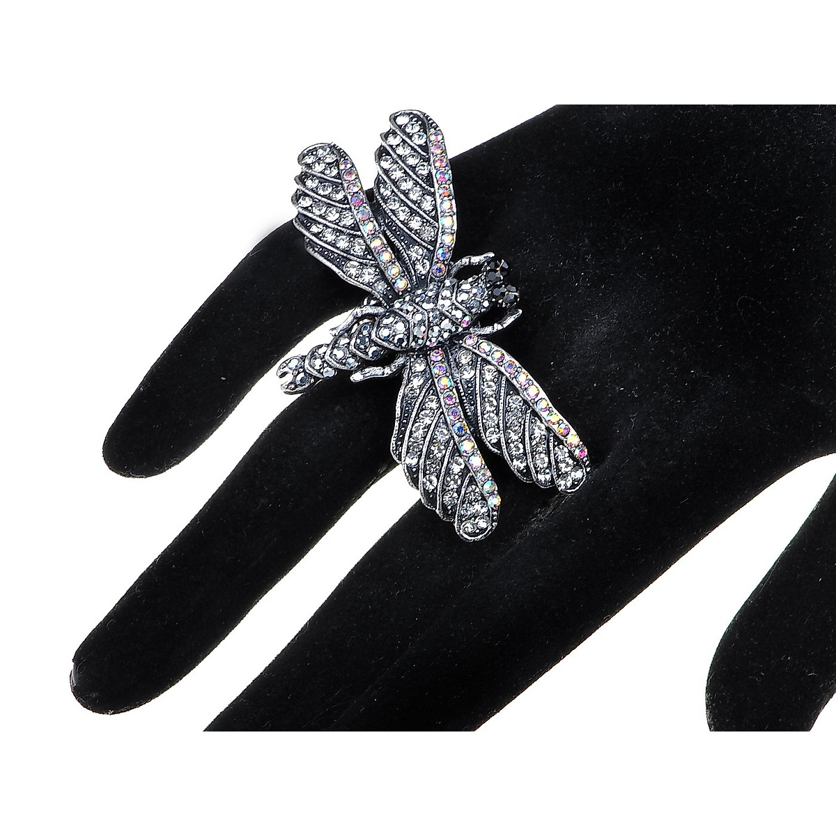 Alilang Gunmetal Tone Shine Clear Rainbow Crystal Rhinestones Dragonfly Ring