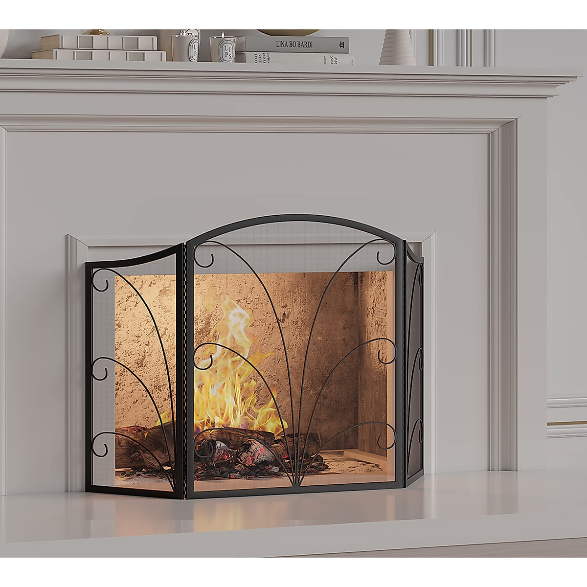 Kingson 3-Panel Arched Fireplace Screen Decorative, Handcrafted Scroll Wrought Iron Fireplace Spark Guard Cover - Black