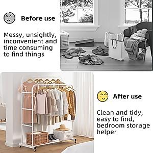 Laiensia Double Rods Clothing Rack with Wheels, Garment Rack for Hanging Clothes, Multi-functional Bedroom Clothes Rack, White