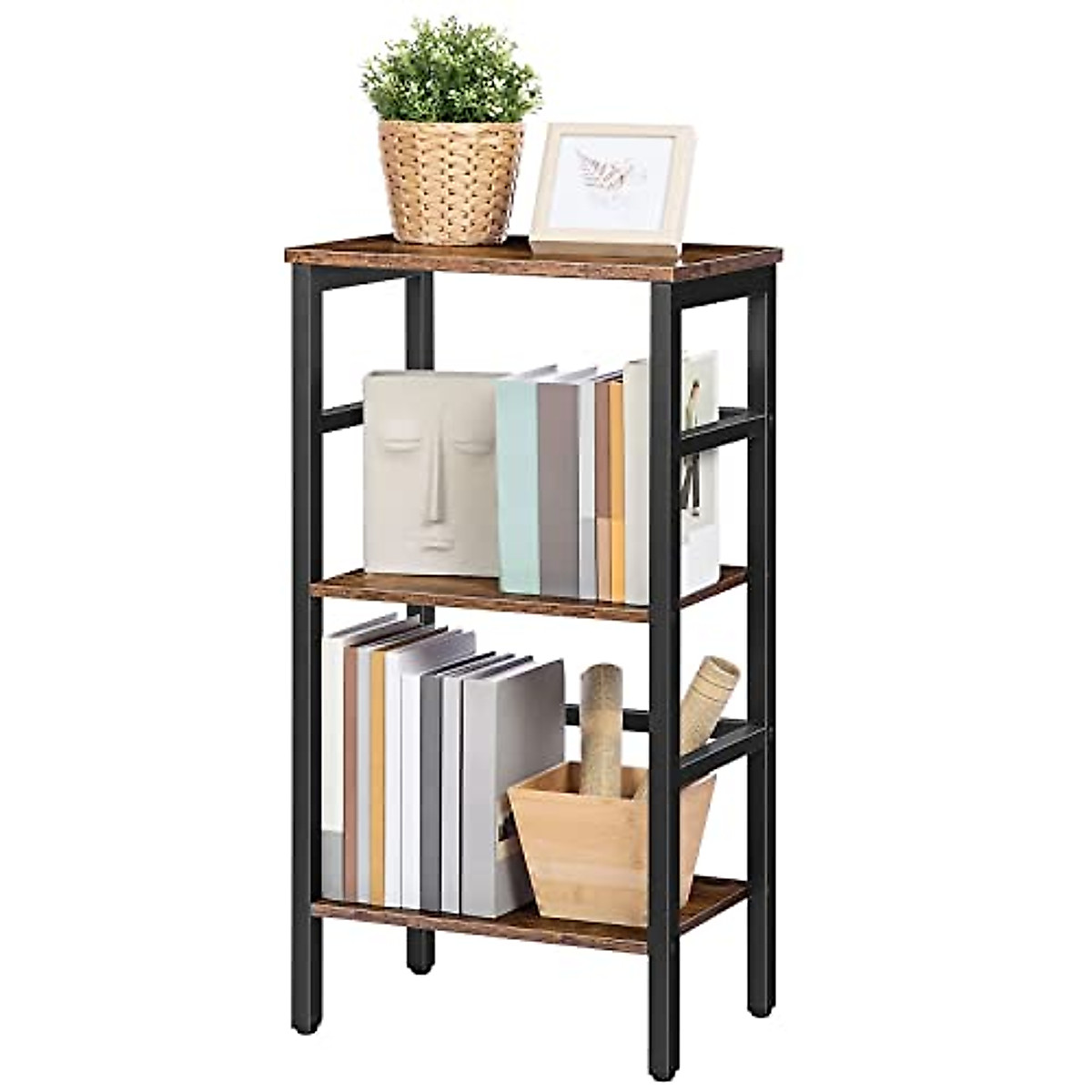 HOOBRO 3 Tier Bookshelf, Record Storage Rack with Side Fence, Wooden Free-Standing Shelf Units, Narrow Display Shelf for Living Room, Bedroom,Classroom, Rustic Brown BF80CJ01