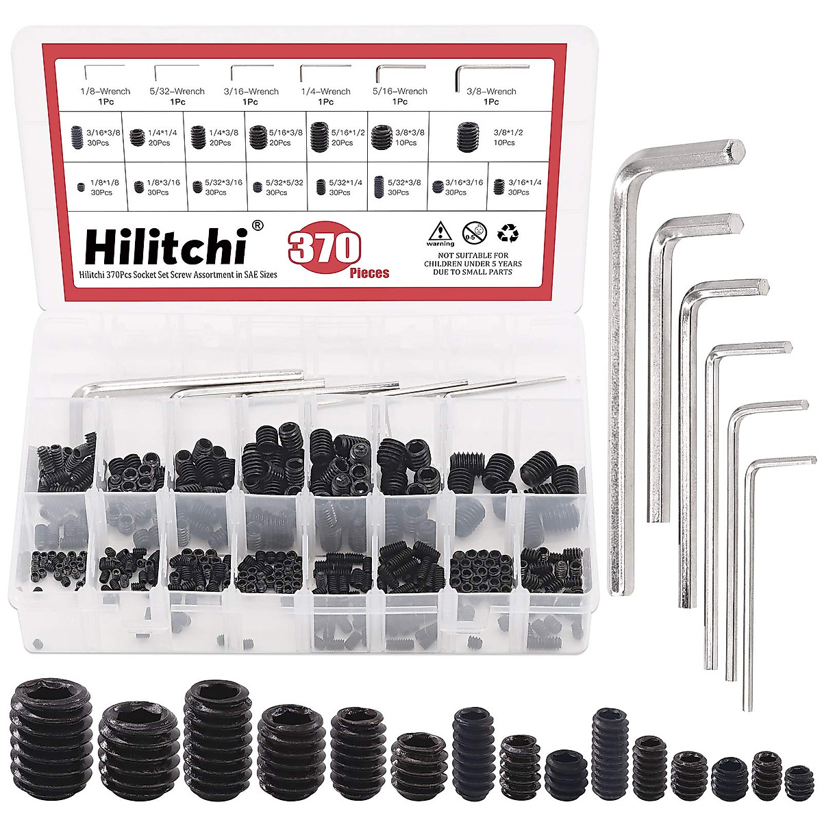 Hilitchi 370Pcs Socket Set Screw Assortment in SAE Sizes Internal Hex Drive Cup Point Allen Grub Screws 12.9 Class Black Alloy Steel (15Sizes)