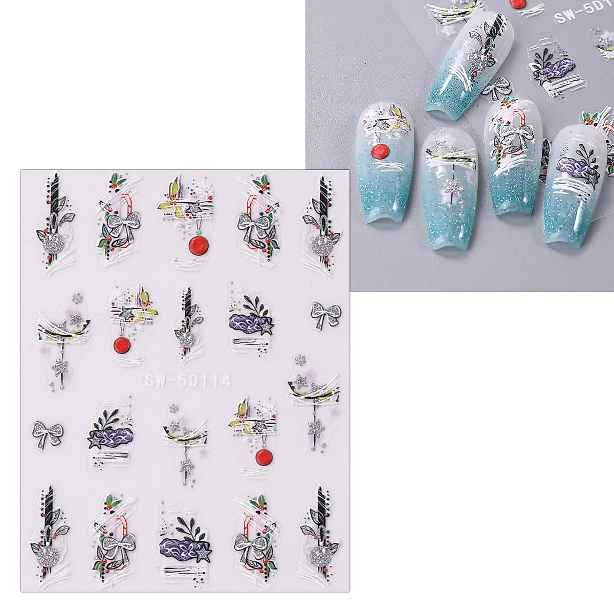 JMEOWIO 6 Sheets 3D Embossed Glitter Christmas Nail Art Stickers Decals Self-Adhesive Pegatinas Uñas 5D Snowflake New Year Xmas Winter Holiday Nail Supplies Nail Art Design Decoration Accessories