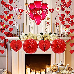 37 Pcs Valentines Day Decoration Kit, Heart Shaped Banner, 2 Tissue Fans, 2 Tissue Poms, 6 Heart String Decorations, 15 Foil Cutouts Swirls, 10 Heart Balloons and 1000 Rose Petals for Wedding Party