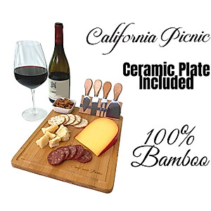 Cheese Board and Knife Set | Wine Board | Organic Bamboo Wood Charcuterie Platter Serving Board Cheese Tray with Cutlery | Perfect for Birthday, Housewarming & Wedding Gifts
