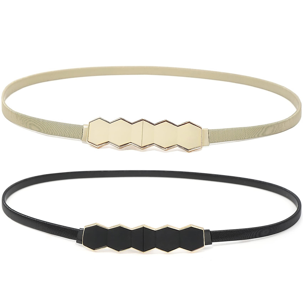 Suyi Skinny Stretch Belt for Women Elastic 2 Pieces Waist Belt Thin Cinch Belts for Dress Black Beige Set1